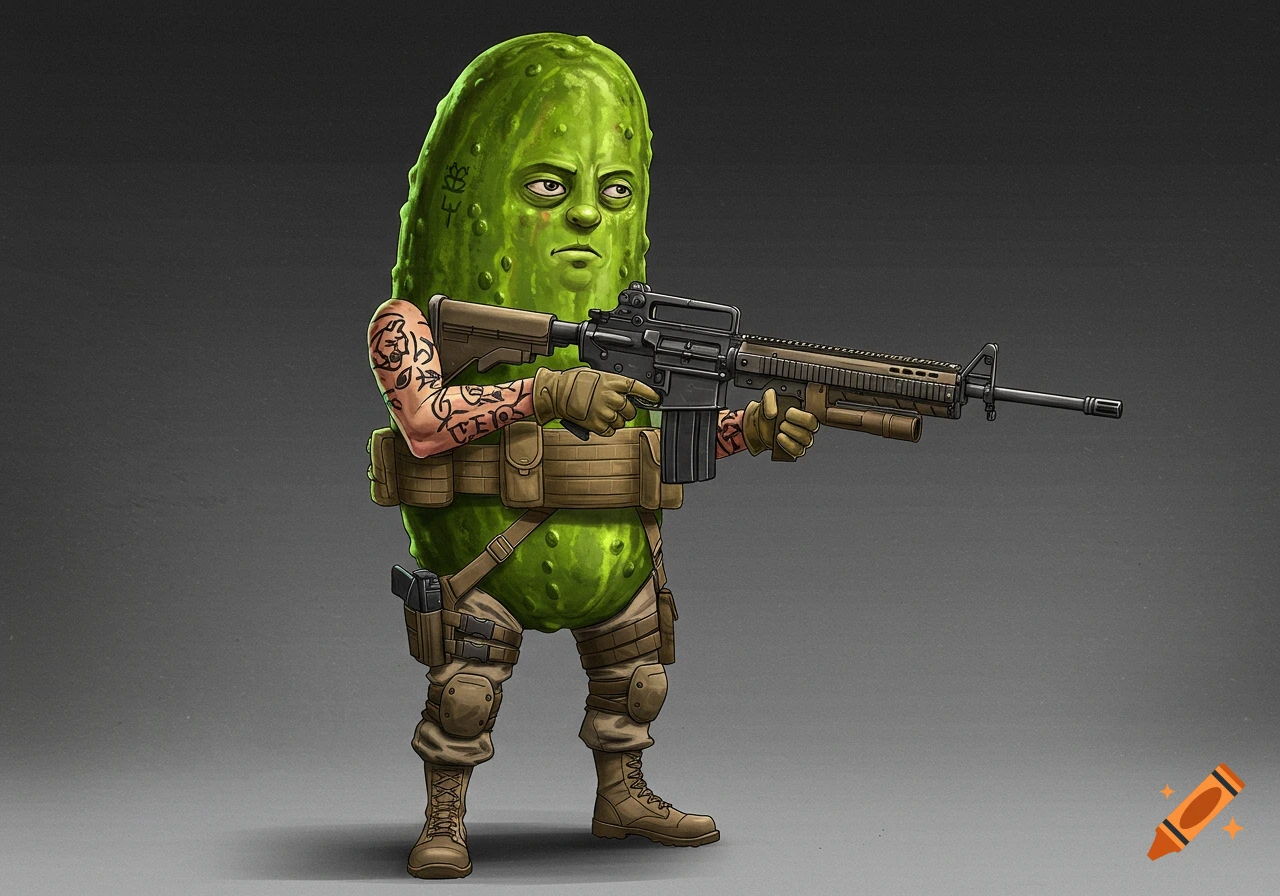 A cartoonish pickle character wearing military gear and holding a rifle ...