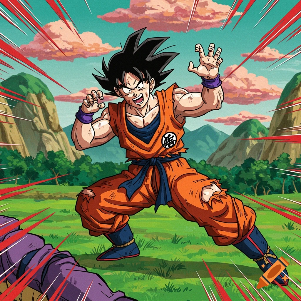 Goku in Dragon Ball Z style fighting stance in a landscape. on Craiyon