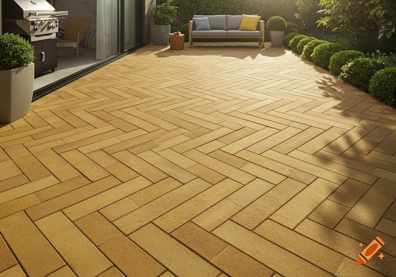 A patio paved with golden herringbone pattern bricks, featuring outdoor ...