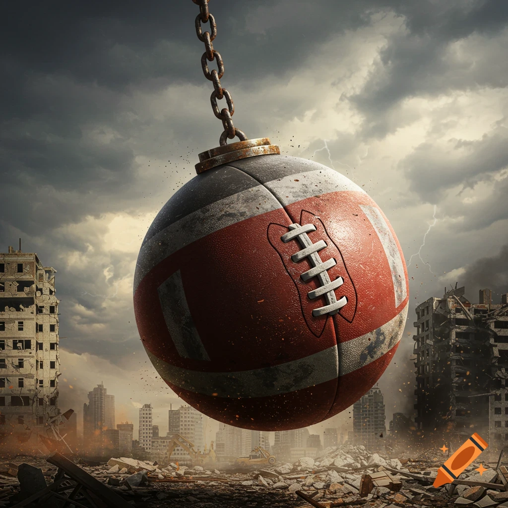 A giant football wrecking ball swings over a destroyed city under a ...