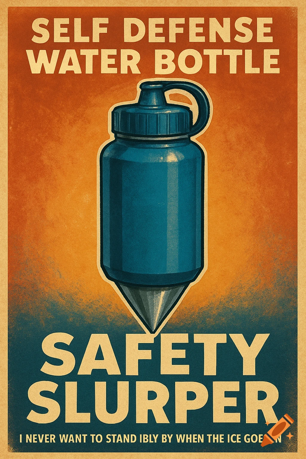 A stylized vintage poster for a Self Defense Water Bottle, a blue water ...