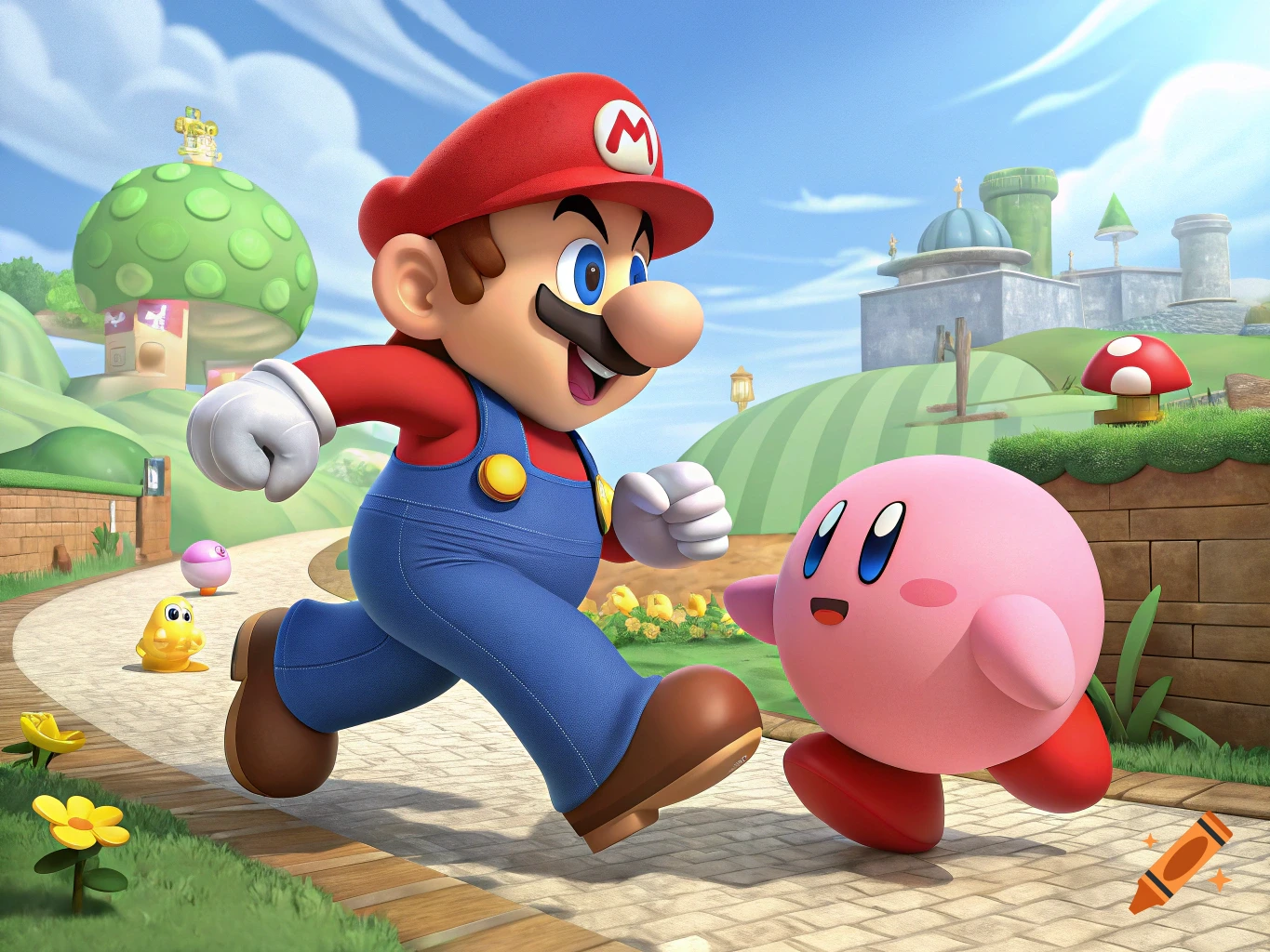 Mario and Kirby run together in a bright, colorful 3D rendered ...