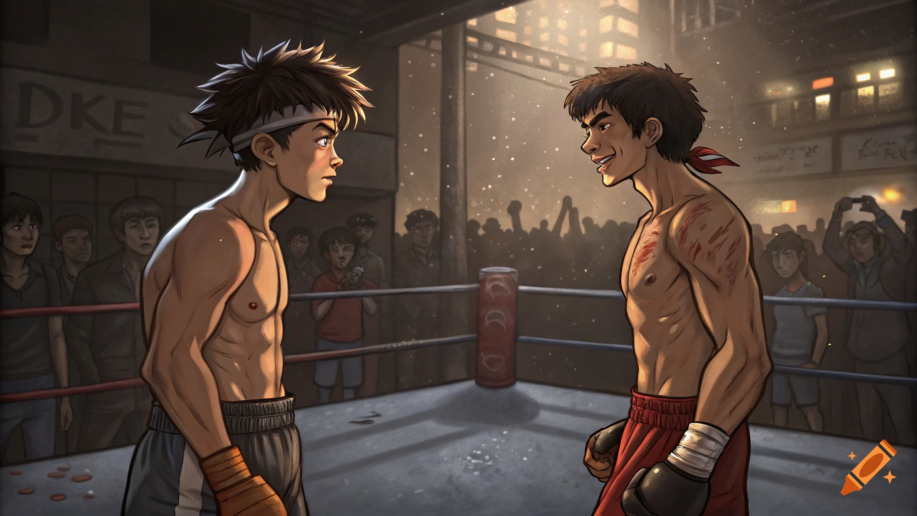Two young fighters face off in a gritty boxing ring with a crowd, in a ...
