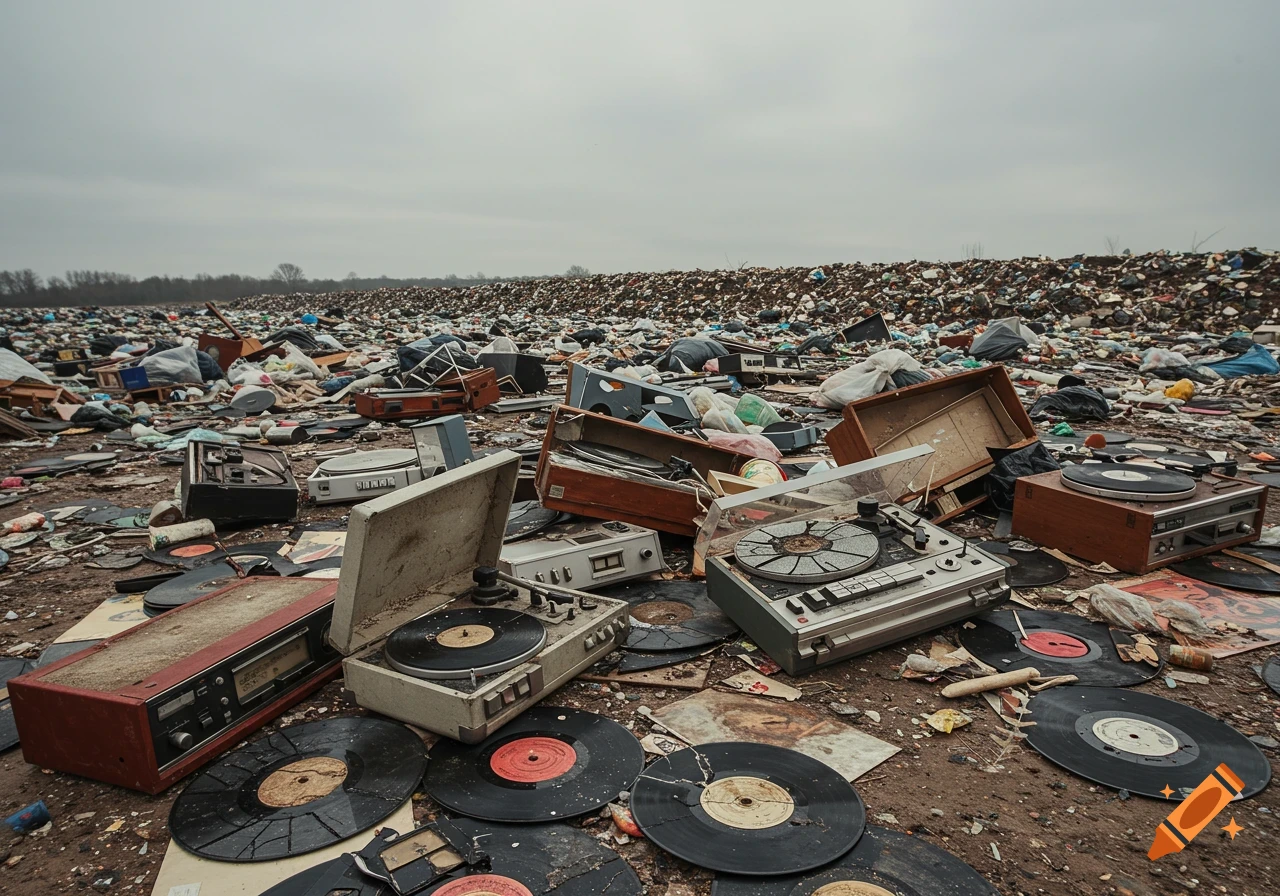 Photorealistic image of broken vinyl records and old record players ...