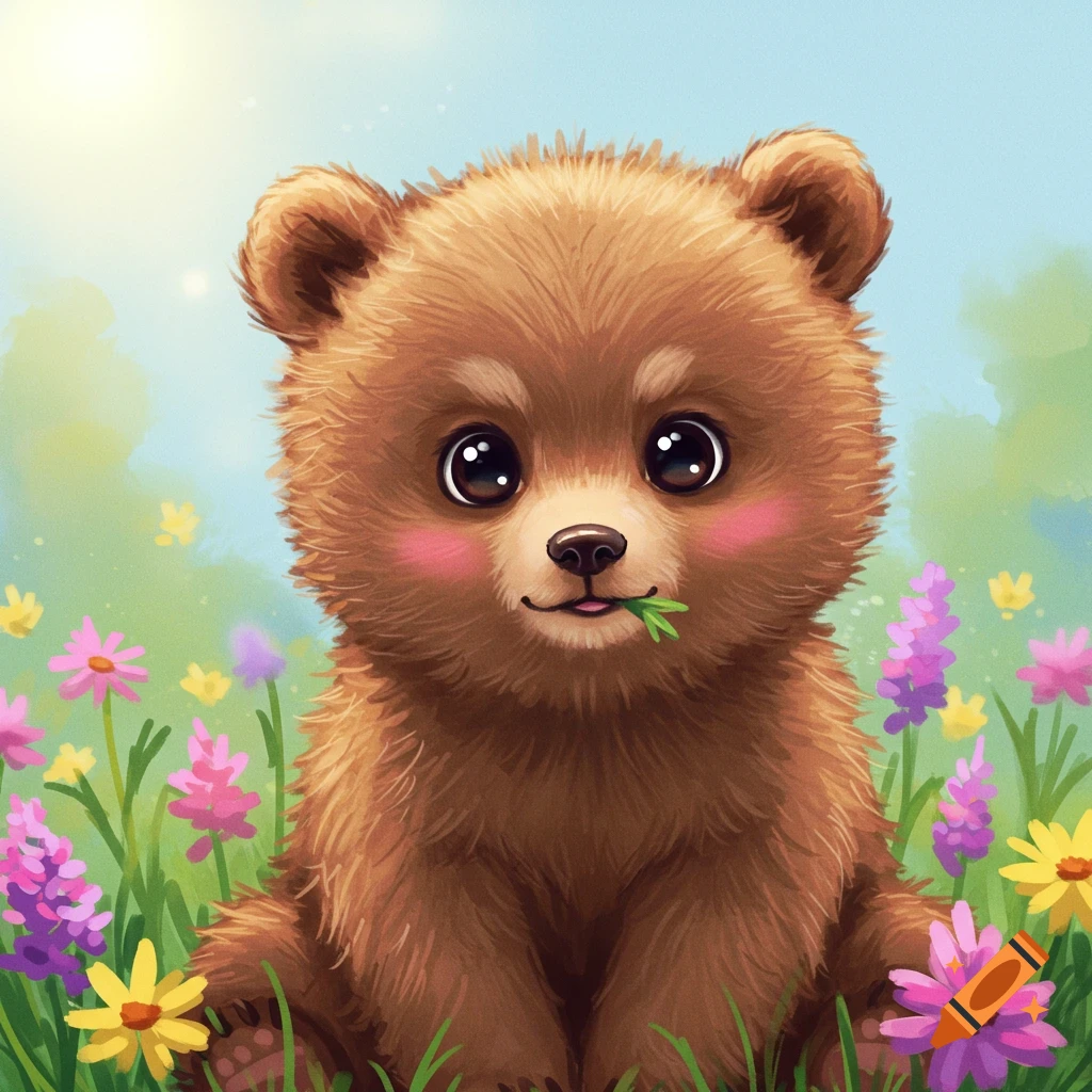 A cute bear cub sits in a field of colorful flowers. on Craiyon