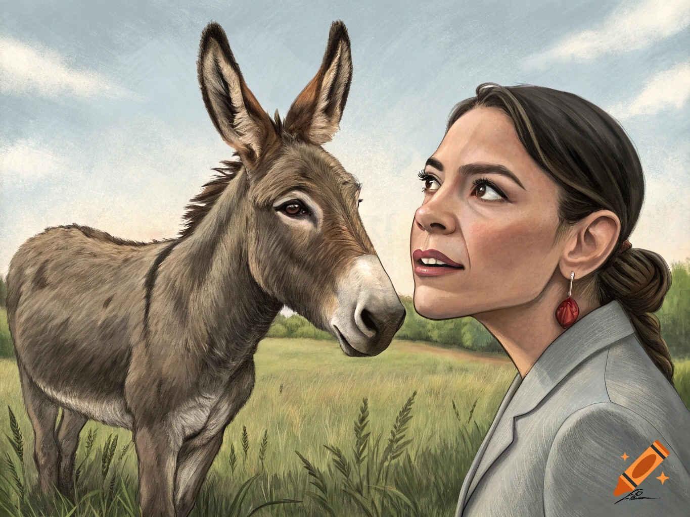 Illustration of a donkey with a woman's face looking at a woman in a ...