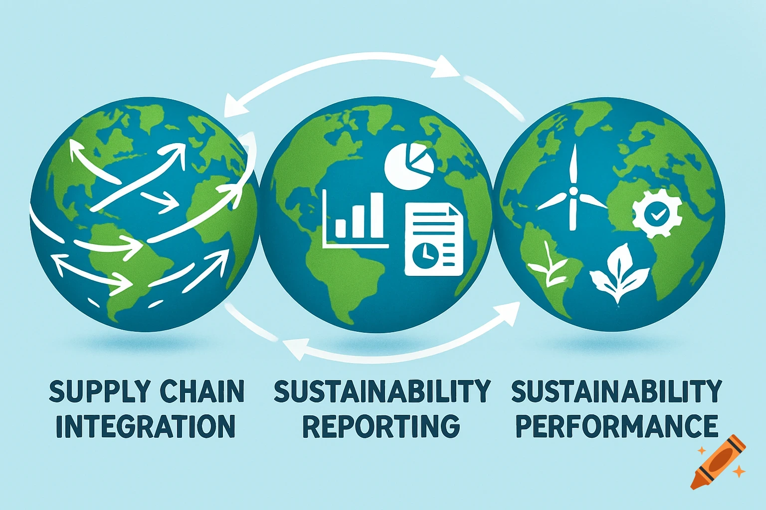 Illustration of three globes representing Supply Chain Integration, Sustainability Reporting ...