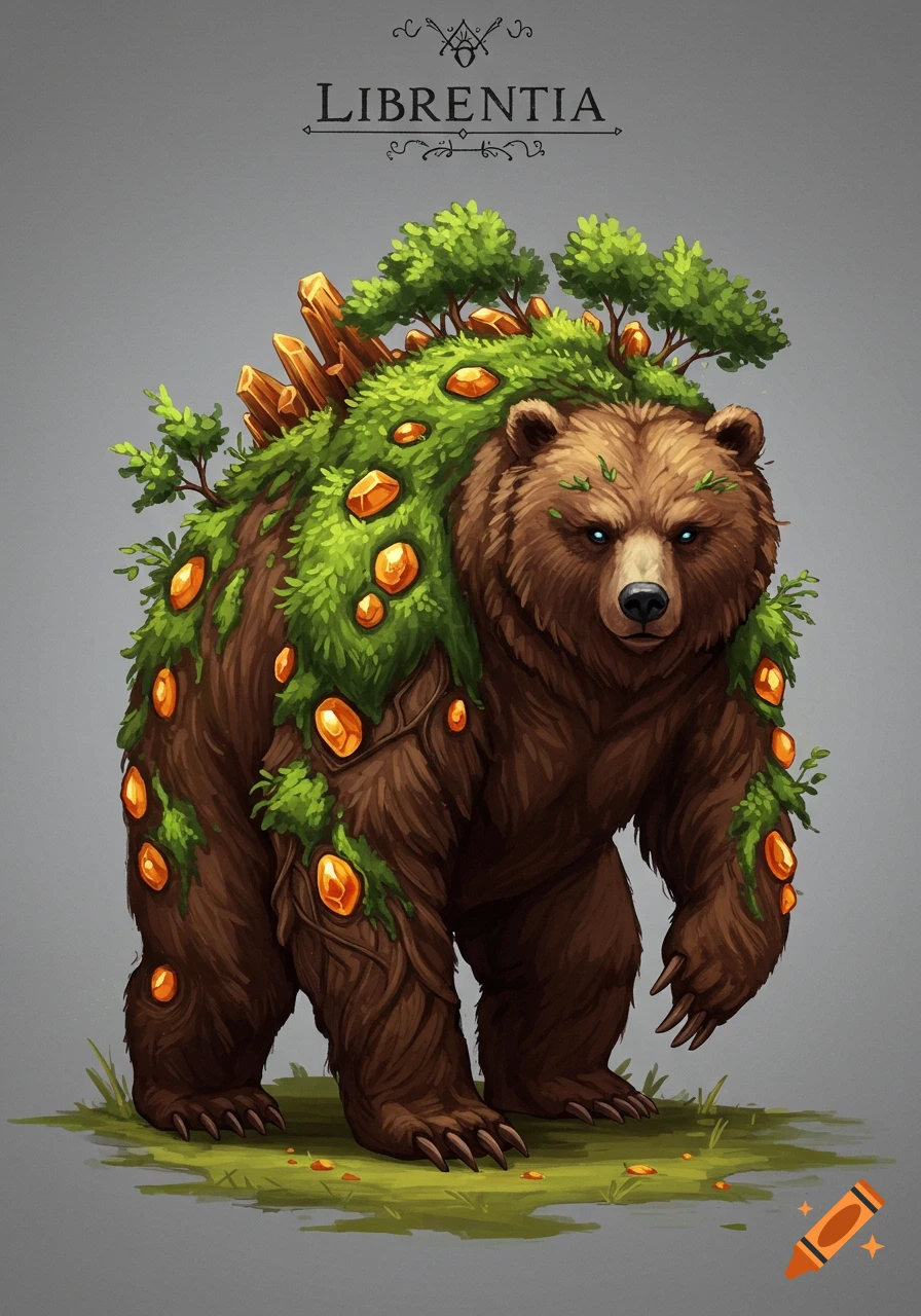 An illustration of a fantasy bear creature covered in moss, trees, and ...