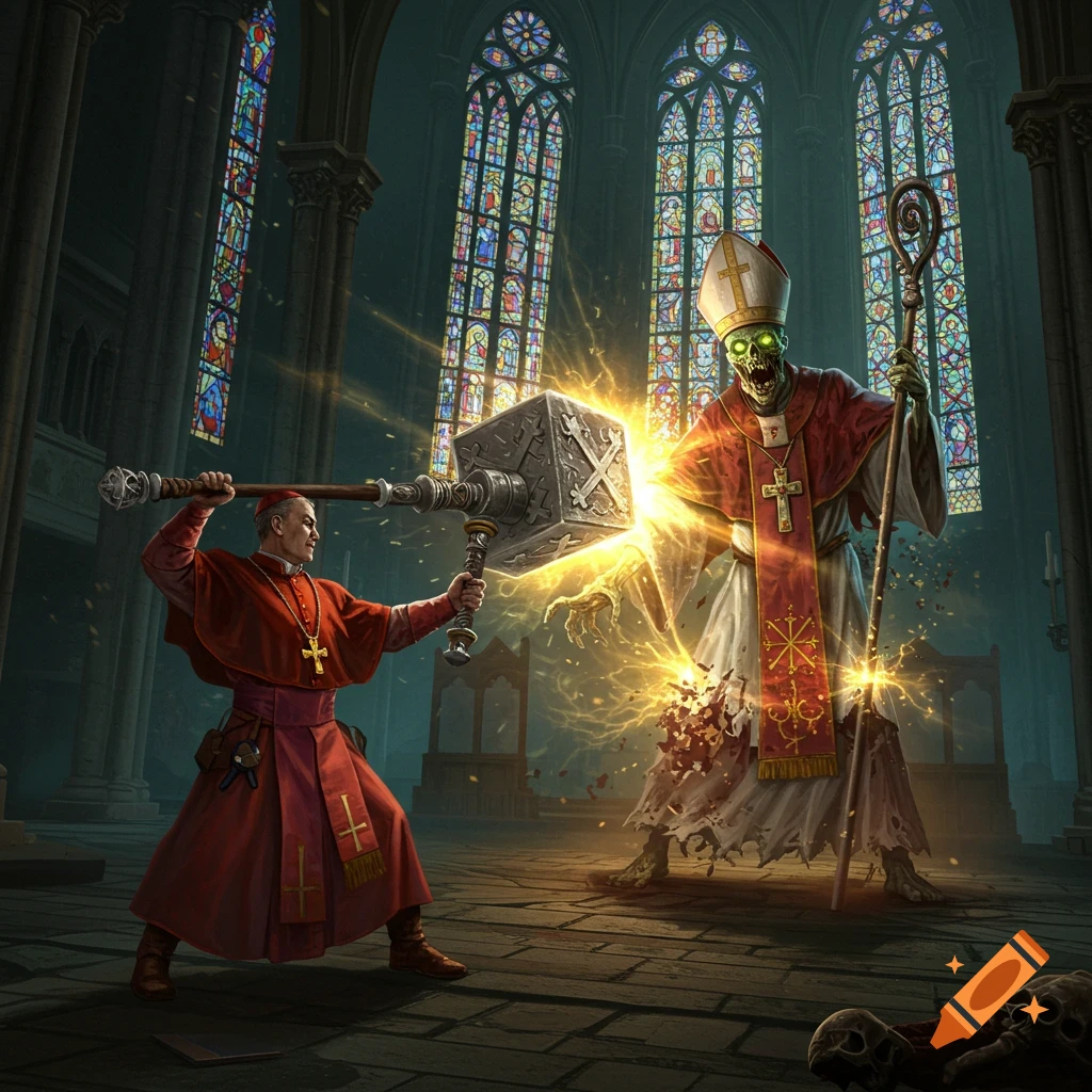 A cardinal swings a glowing hammer at a zombie pope in a gothic ...