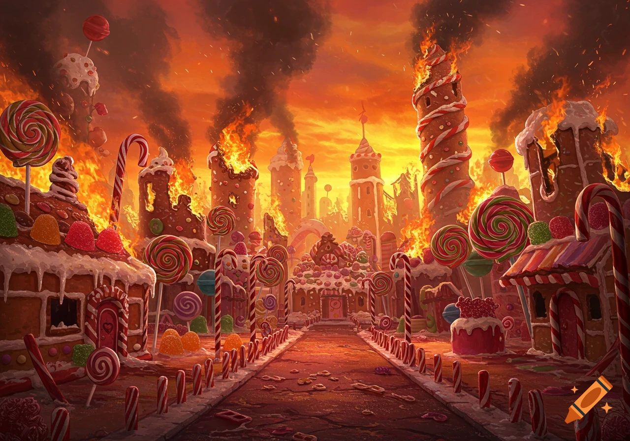 A fantasy cityscape made of candy is shown burning under a fiery sky ...