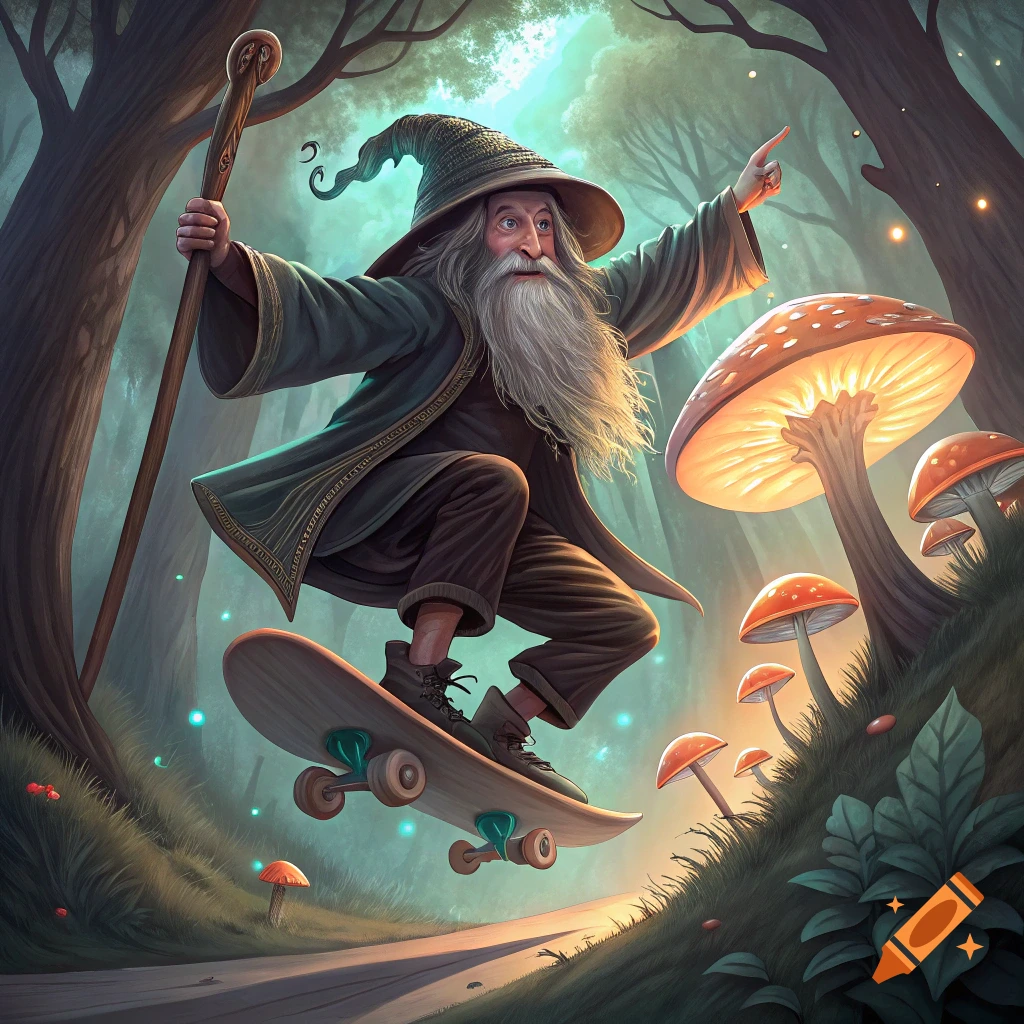 Wizard riding a skateboard in a forest with glowing mushrooms on Craiyon