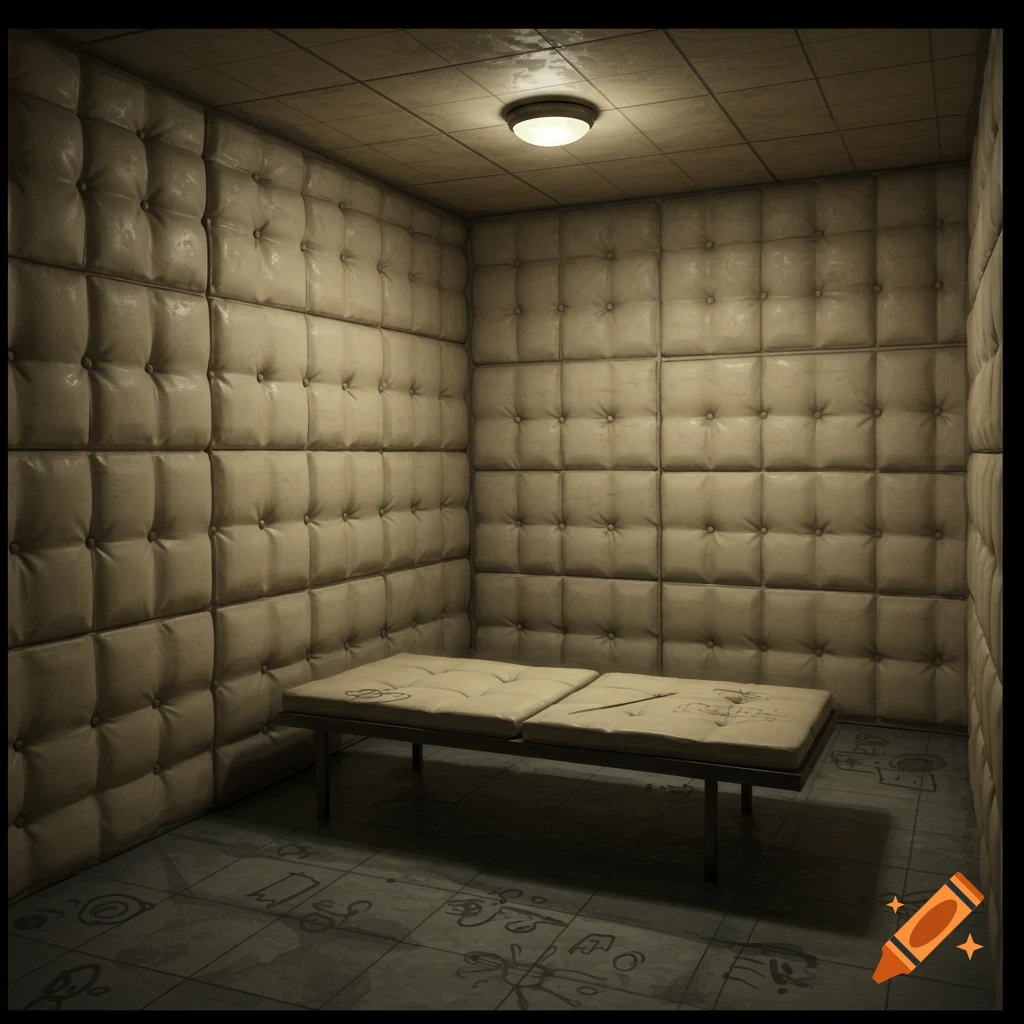 A realistic image of an empty padded room with a bed and drawings on ...