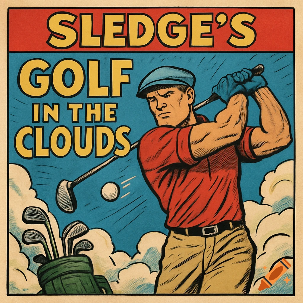 Comic book style illustration of a muscular man playing golf, with text ...