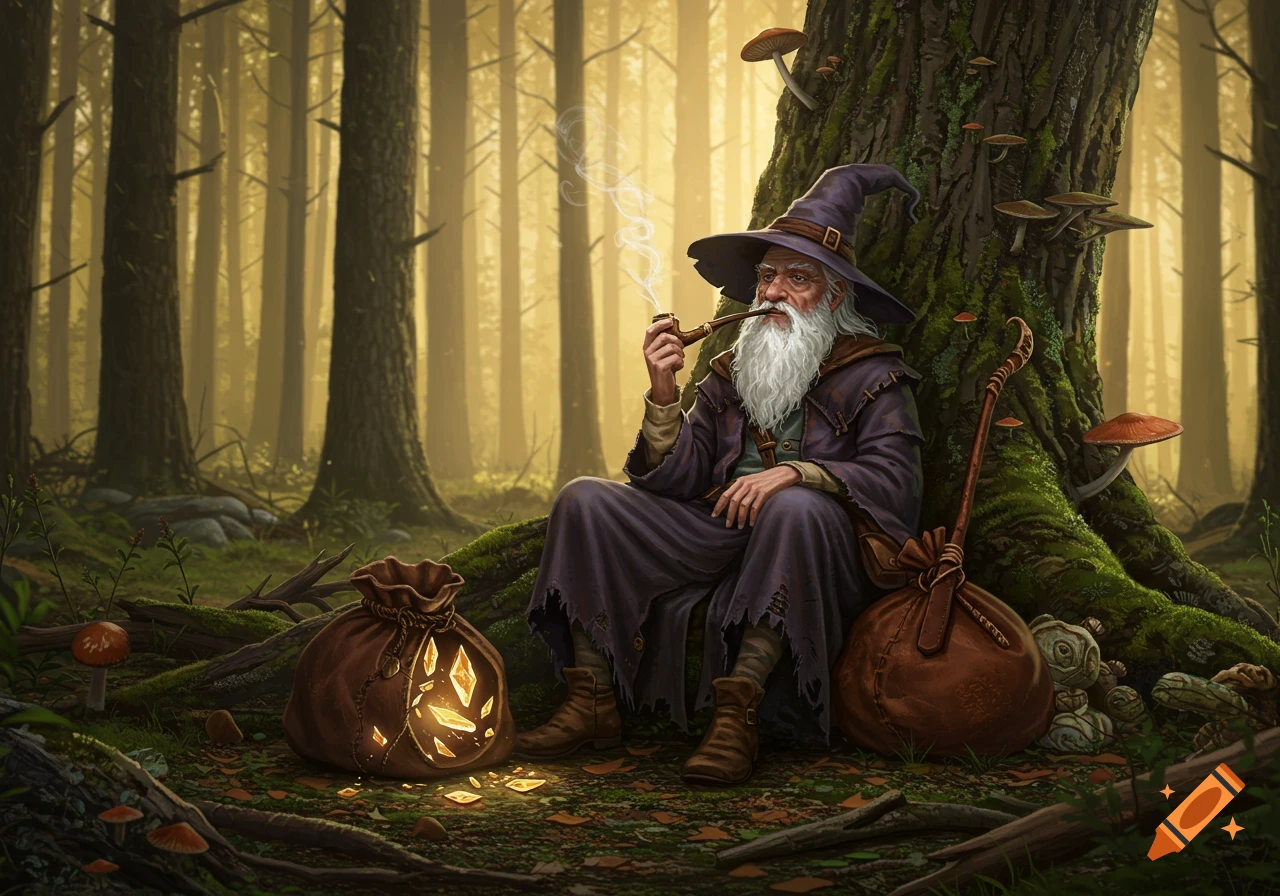 An old wizard sits in a sunlit forest clearing, smoking a pipe next to ...