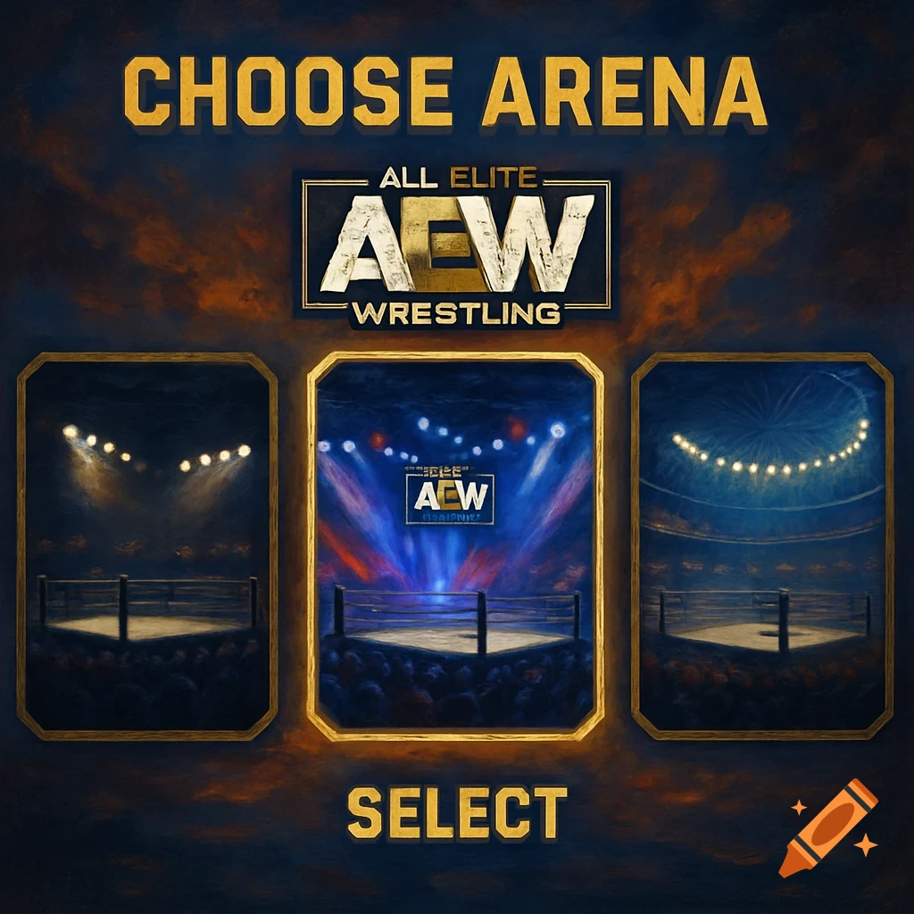 Video game screen to choose a wrestling arena with AEW logo and three ...