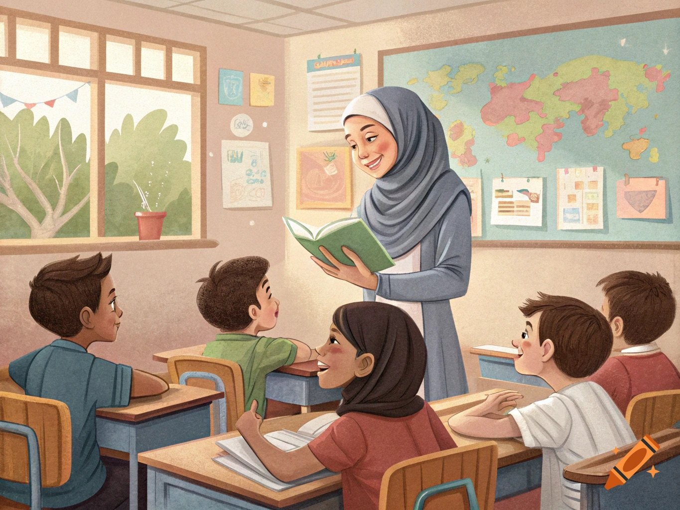 A veiled teacher reads a book to elementary school students in a ...