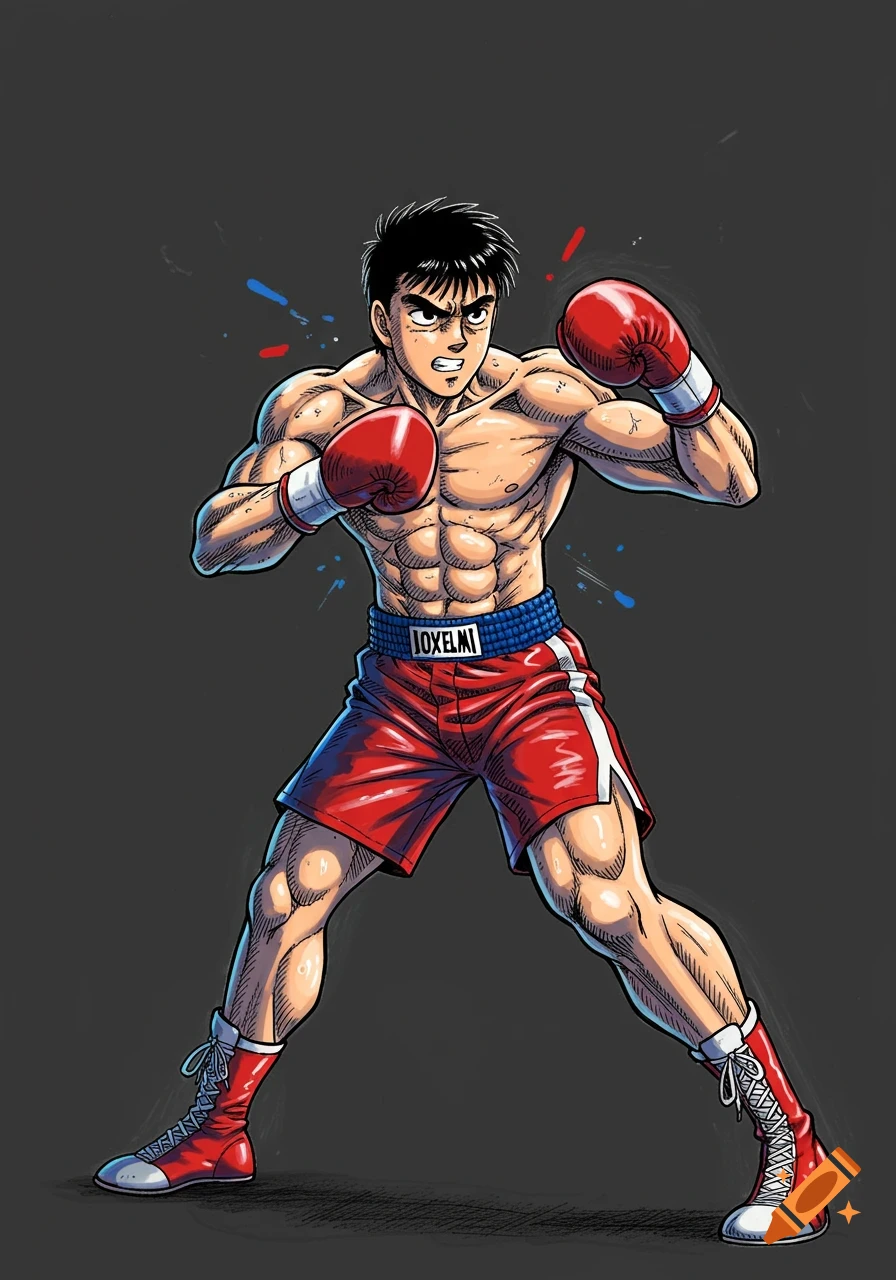 Manga style drawing of a muscular boxer in red shorts and gloves in a ...