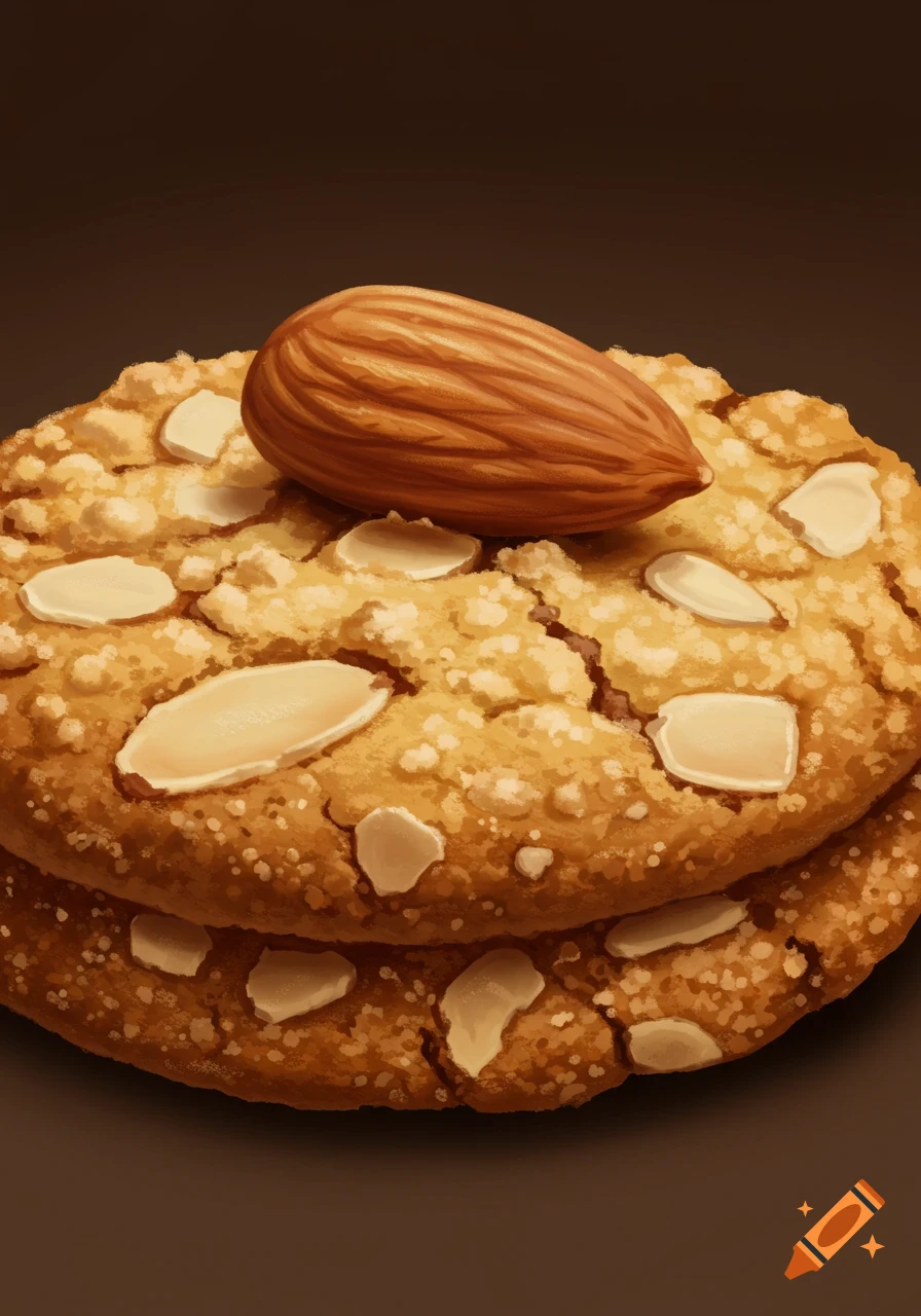 Close-up of two stacked cookies topped with an almond, in a stylized ...