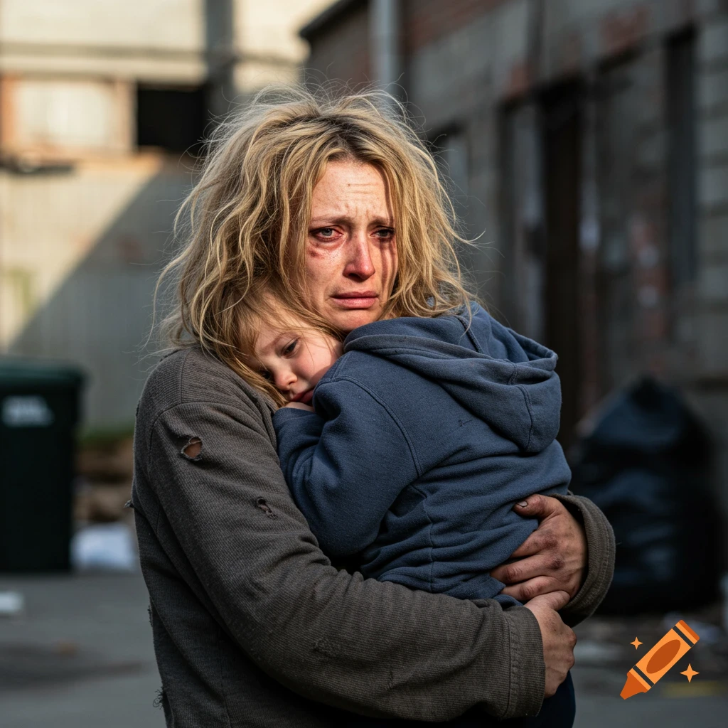 A distraught woman cries while holding a young child in an urban ...