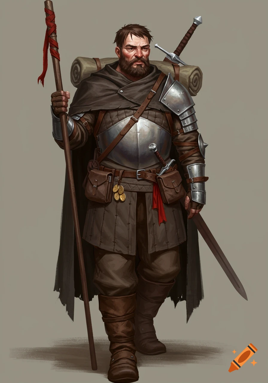 Bearded man in fantasy armor, cloak, and backpack, holding a staff and ...
