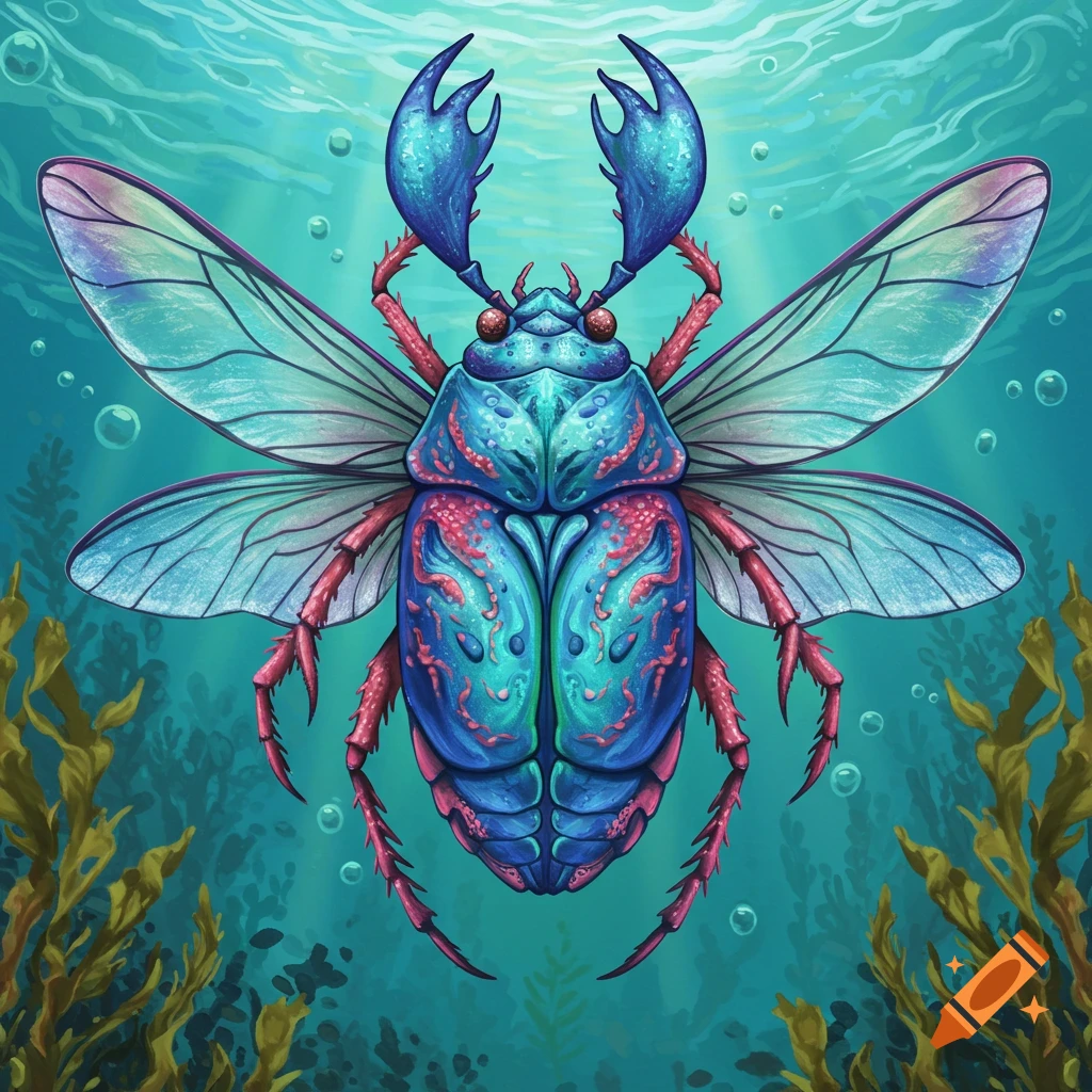 A vibrant blue and pink fantasy beetle with large claws and translucent ...
