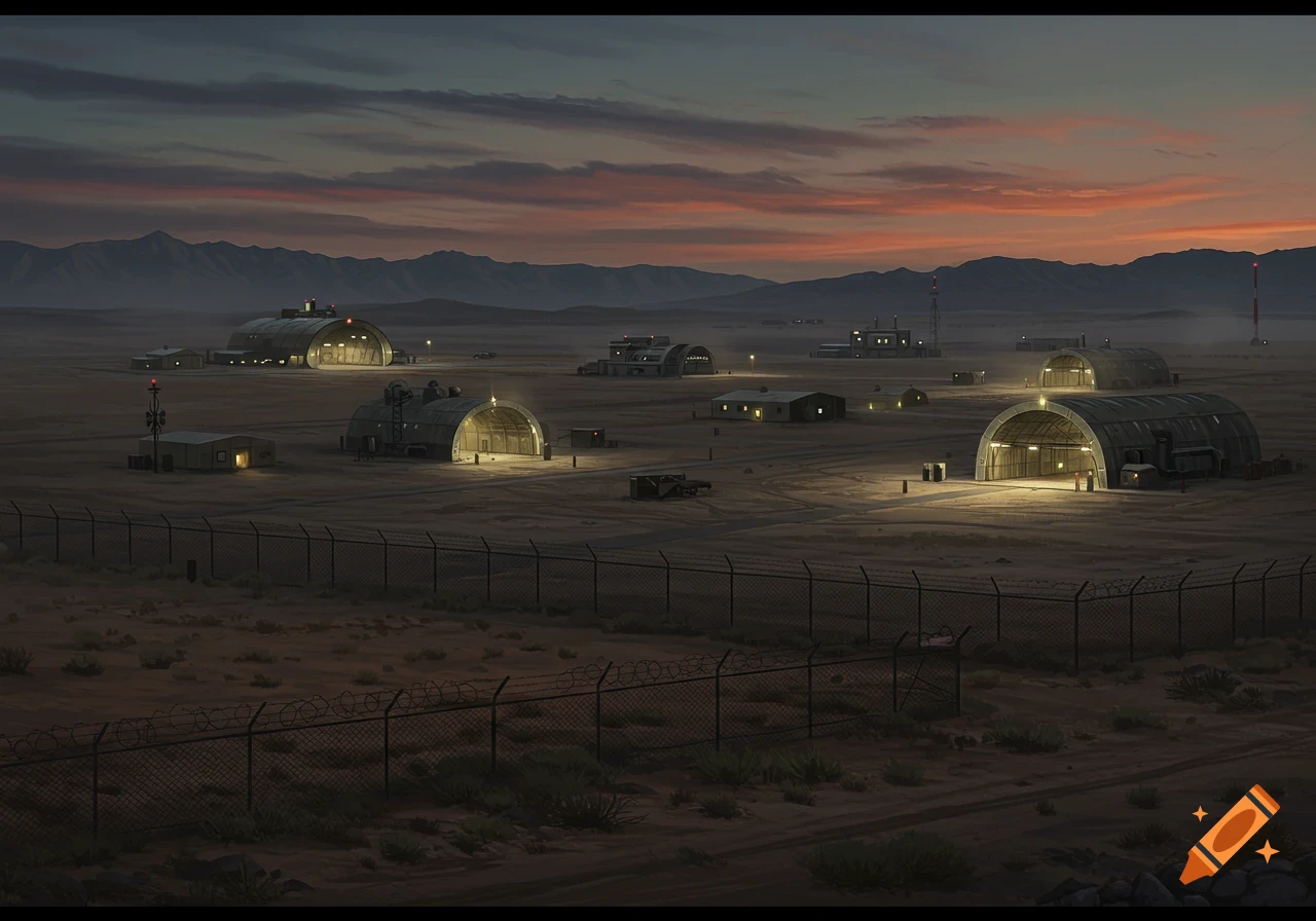 A military base with hangar buildings in a desert at sunset, seen ...