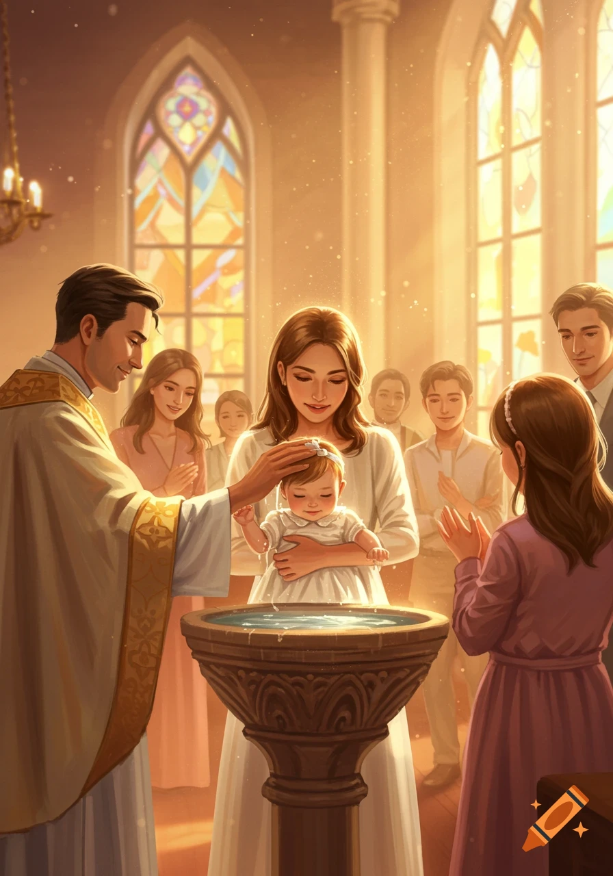 A stylized illustration of a priest baptizing a baby held by a woman in ...