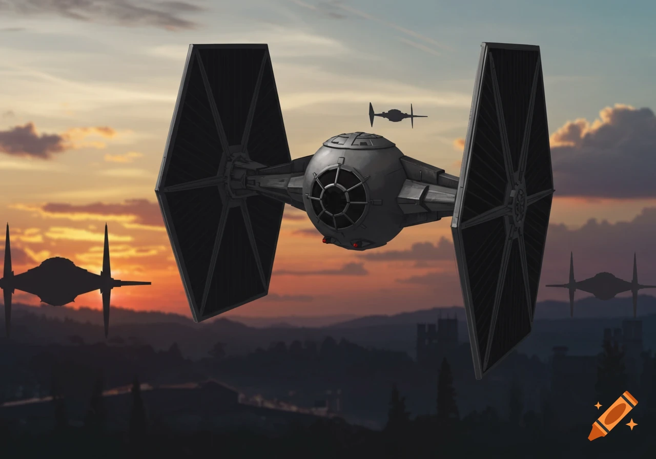 Several TIE fighters fly through a sky at sunset. on Craiyon