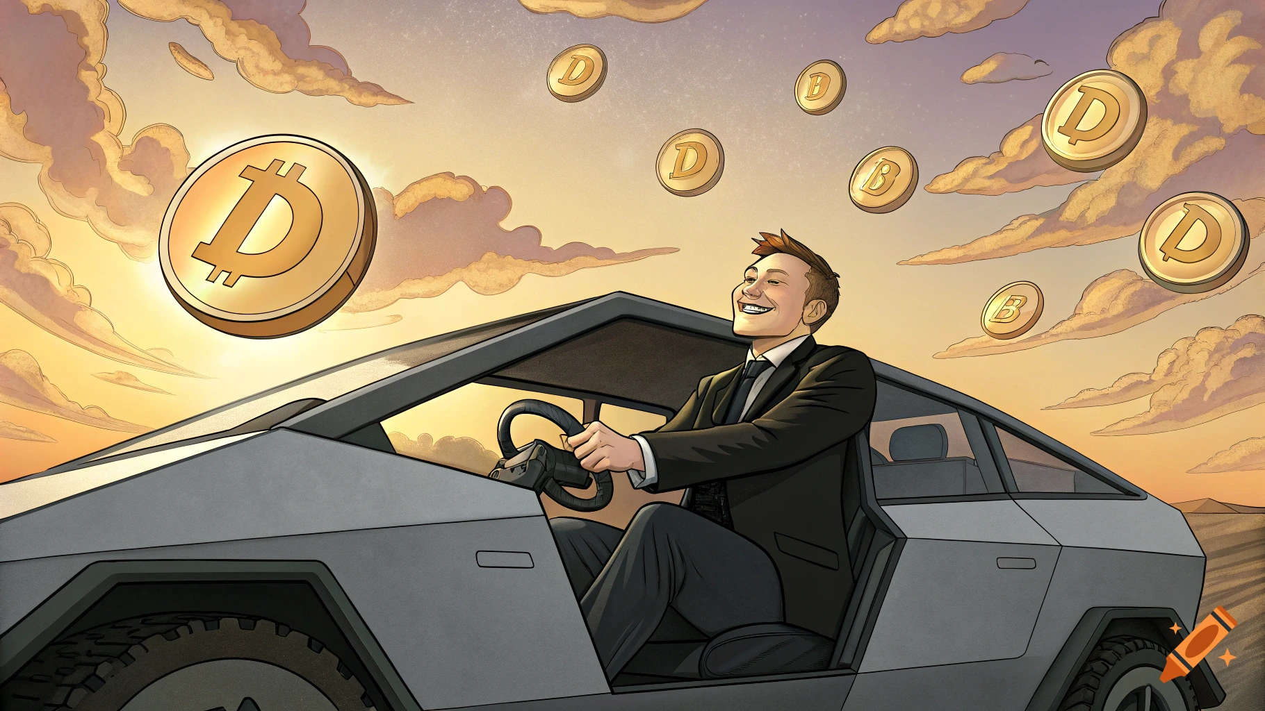 Cartoon of Elon Musk driving a Cyber Truck with cryptocurrency coins ...