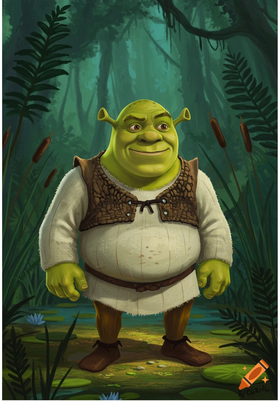 Full body illustration of Shrek standing in a green swamp. on Craiyon