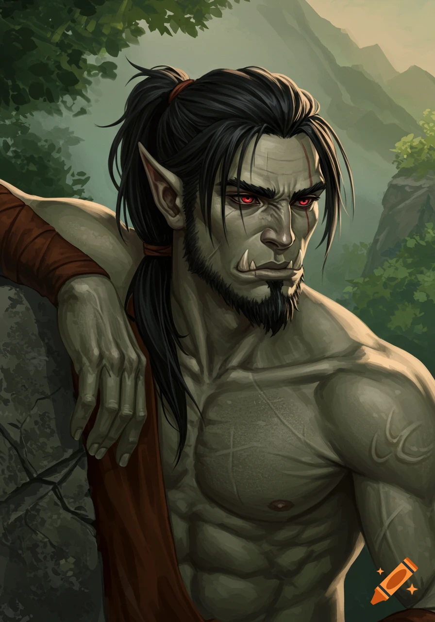A detailed fantasy art portrait of a male orc with grey-green skin ...