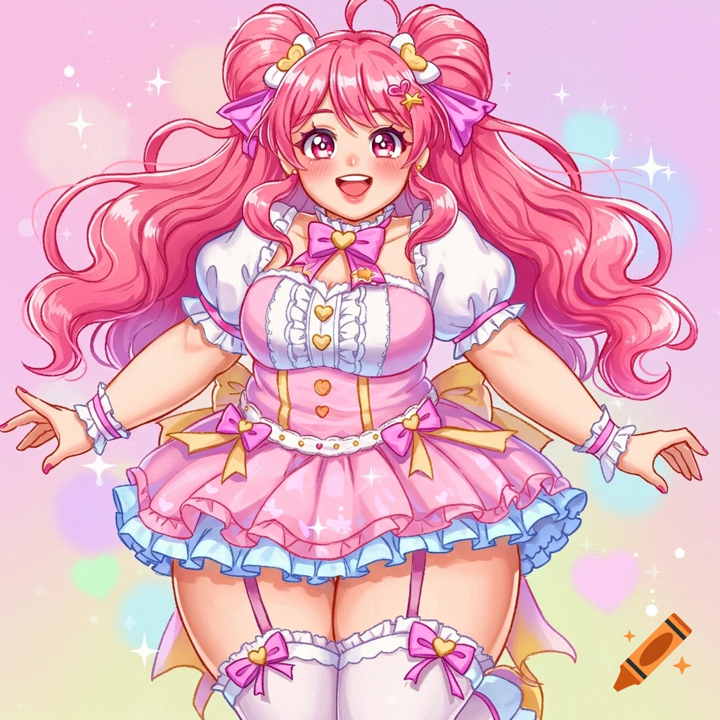 A smiling anime girl with long pink hair in pigtails wears a frilly ...