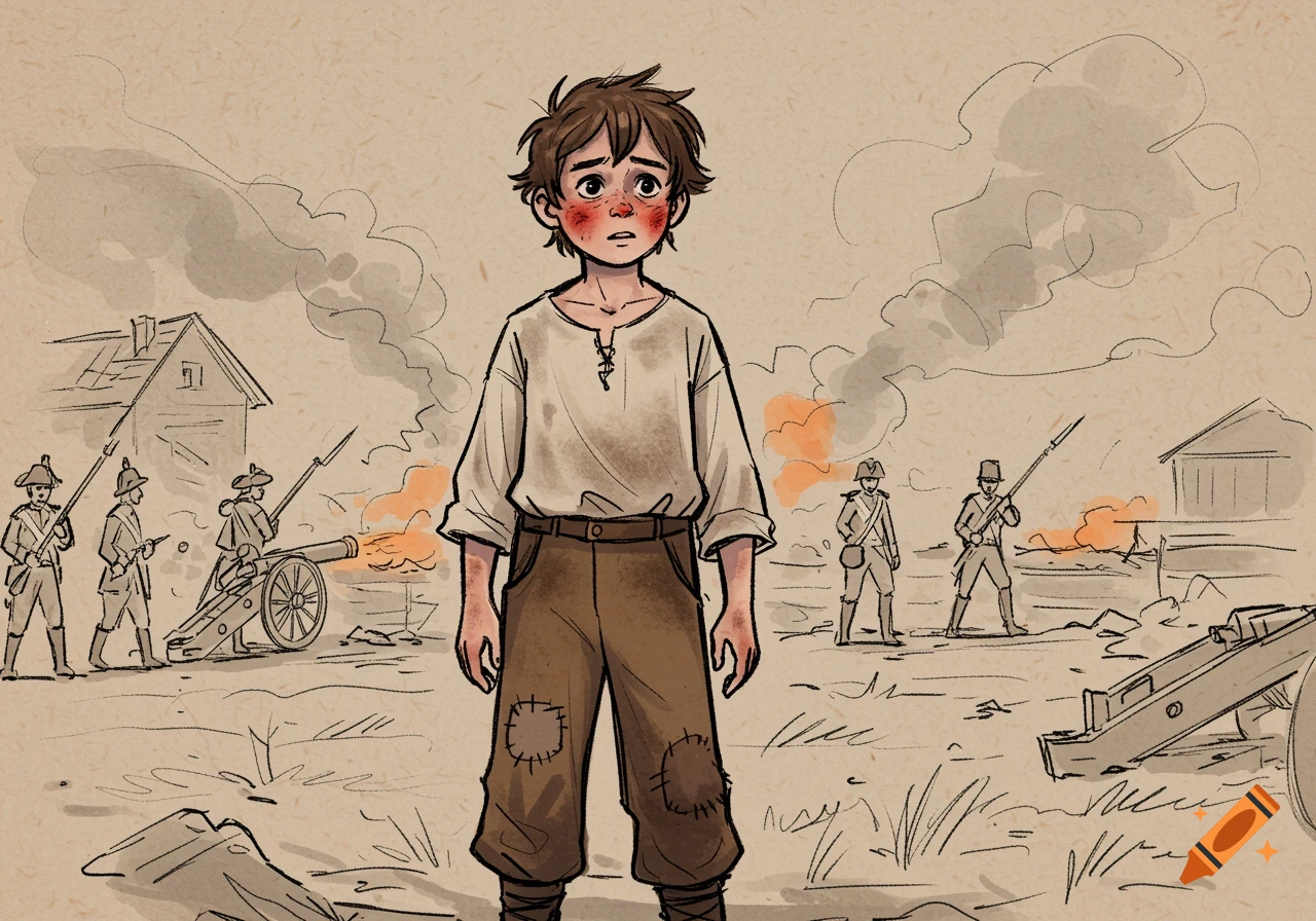 Sketch illustration of a boy looking sad in a Revolutionary War ...
