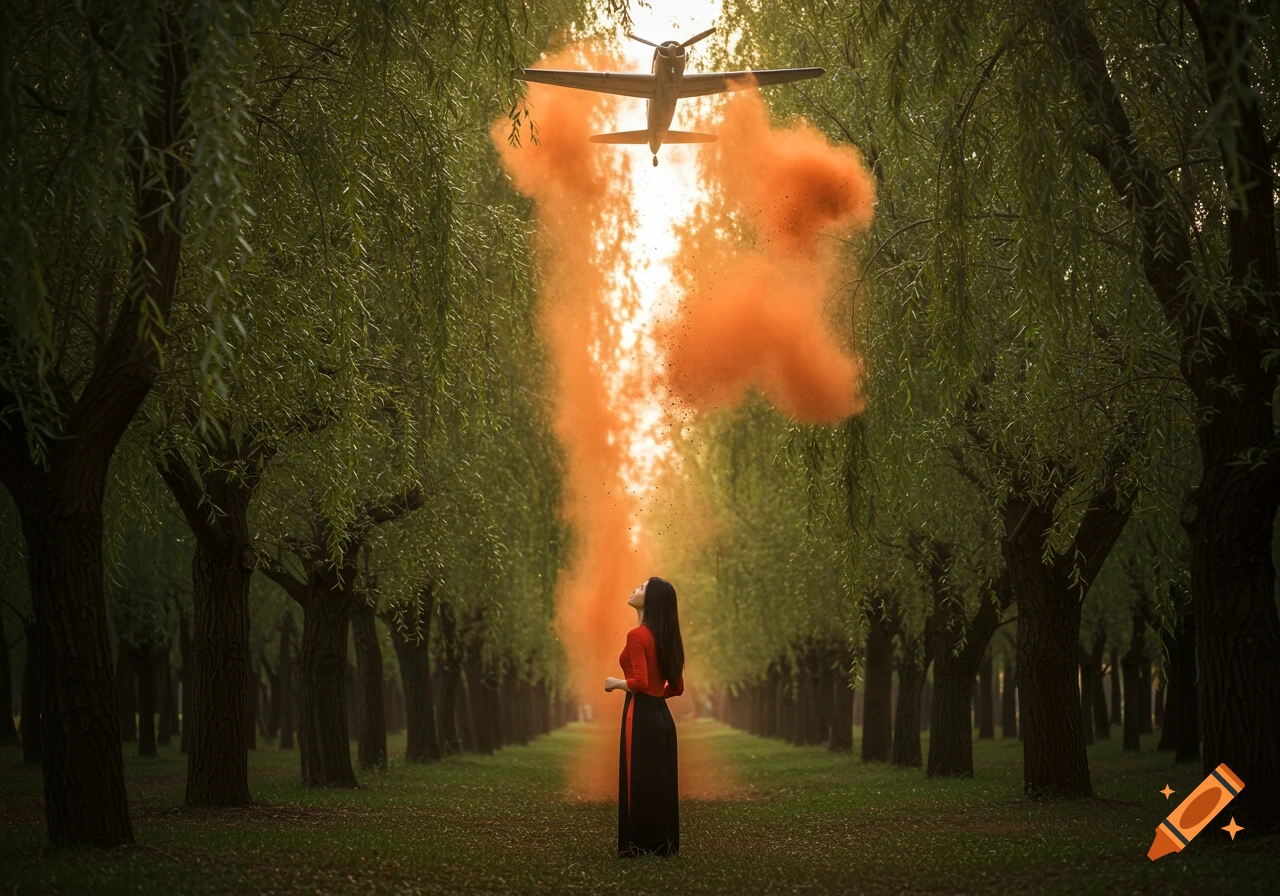 A woman in a forest looks up as a plane drops orange powder. on Craiyon