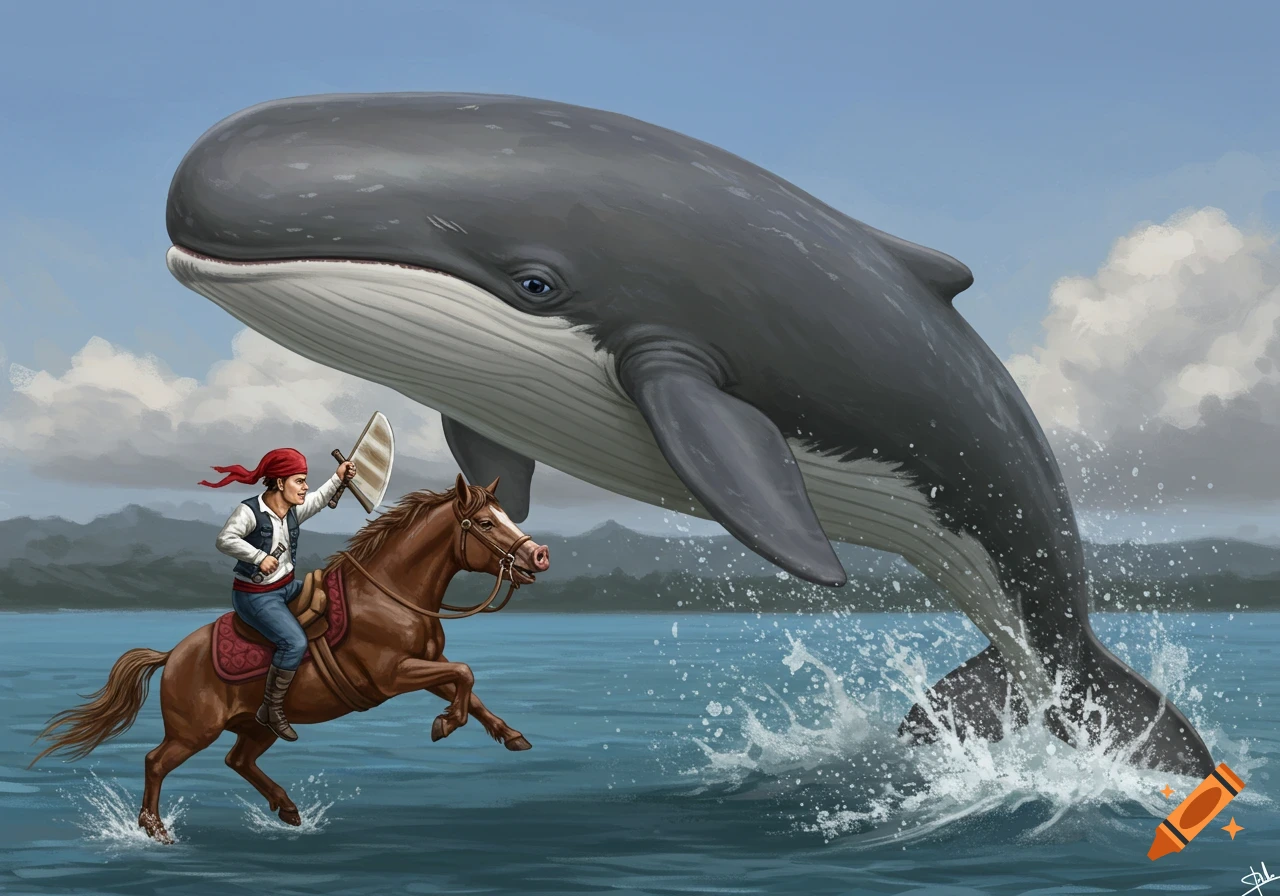 A man on a horse rides on water next to a large whale leaping from the ...