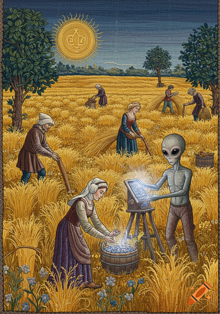 Tapestry of medieval people and a grey alien harvesting wheat on Craiyon