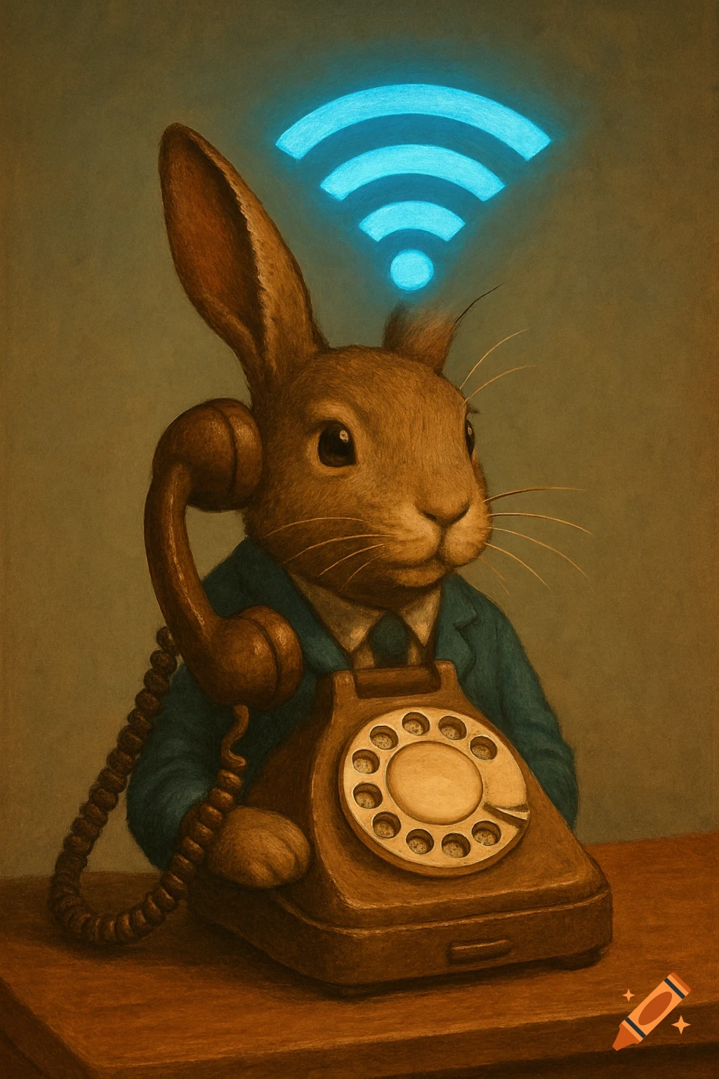 Illustrative painting of a rabbit in a suit on a rotary phone with wifi ...