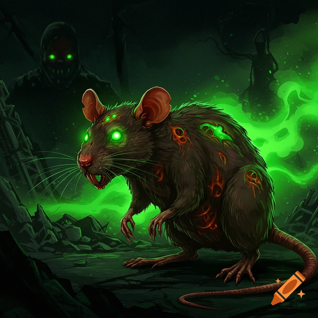 A dark fantasy illustration of a glowing green radioactive rat standing ...