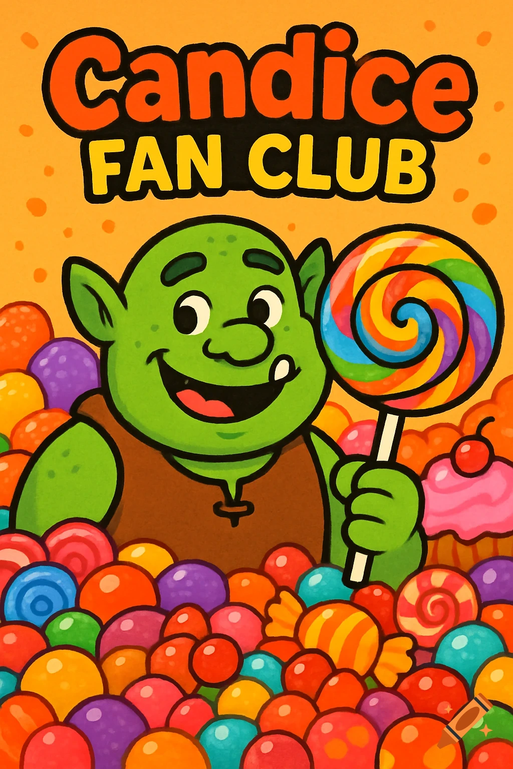A cartoon ogre holding a large rainbow lollipop, surrounded by colorful ...