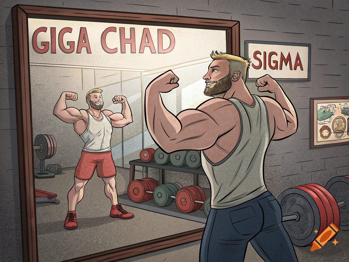 Illustration of a muscular man flexing in a gym mirror with 'GIGA CHAD ...