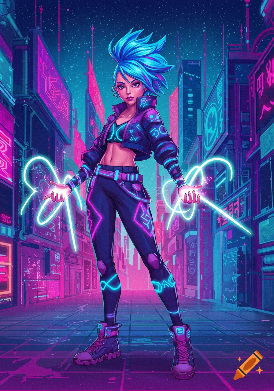 Stylized character in cyberpunk city with neon lights on Craiyon