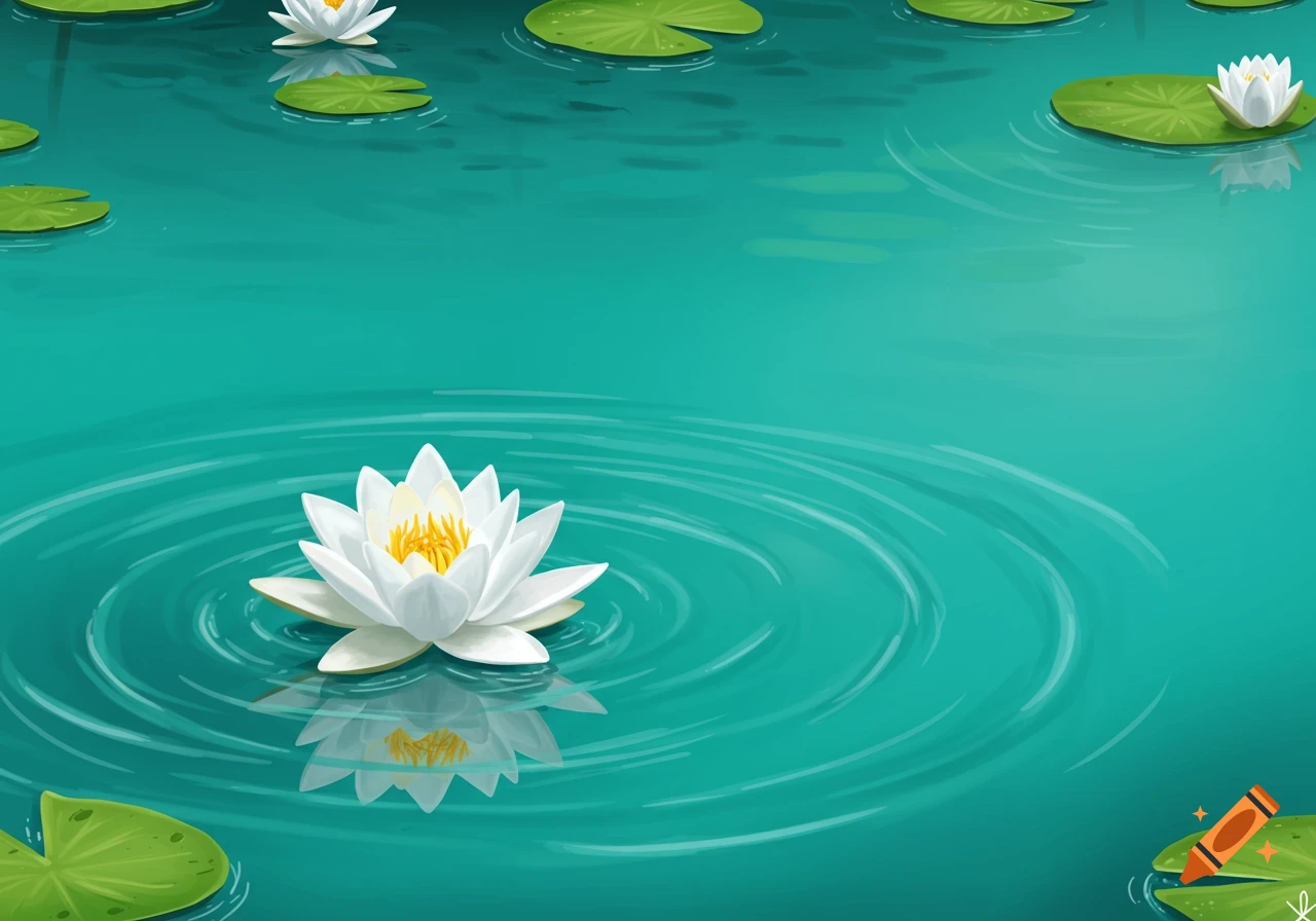A white lotus flower on blue water with ripples and lily pads. on Craiyon