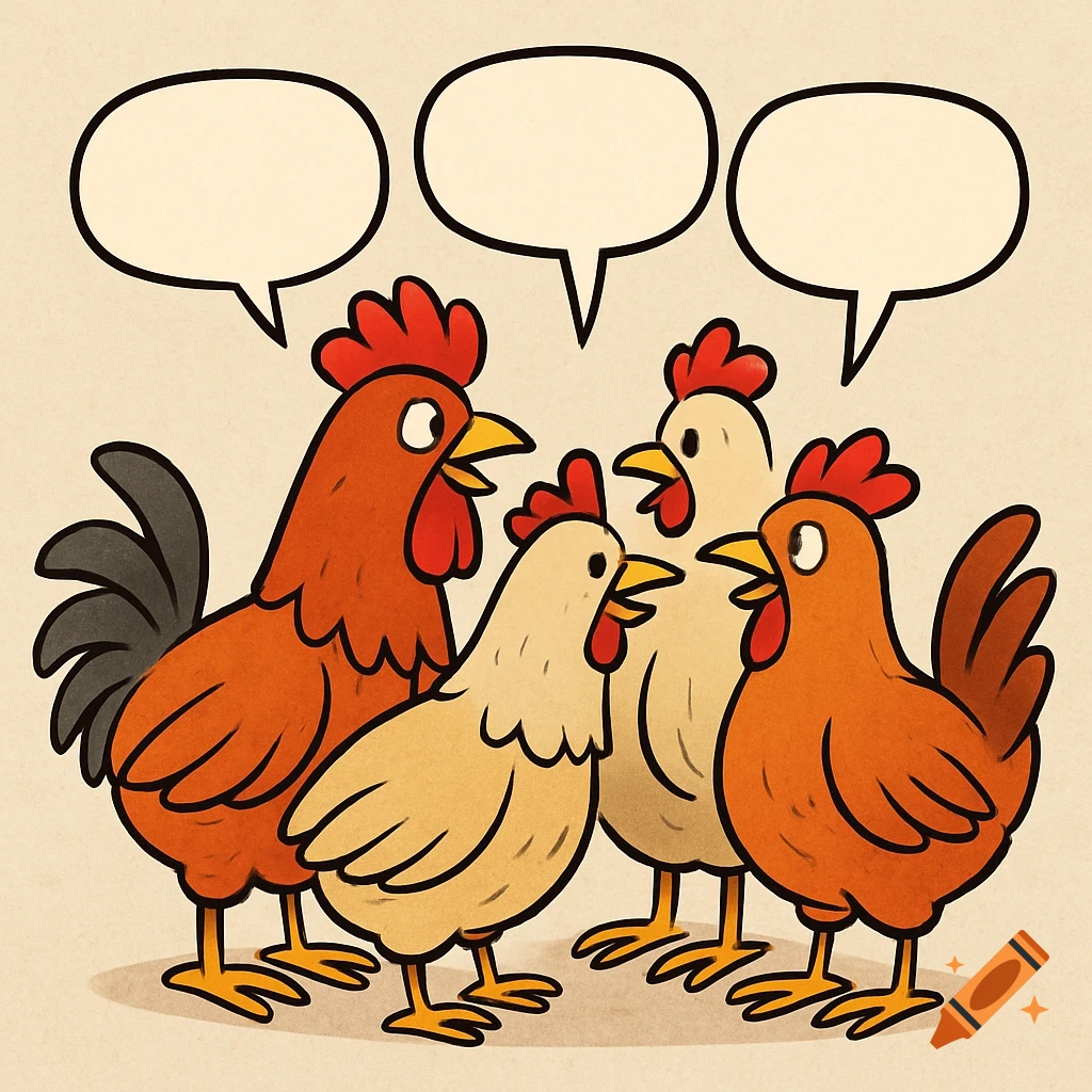Cartoon illustration of chickens with speech bubbles. on Craiyon