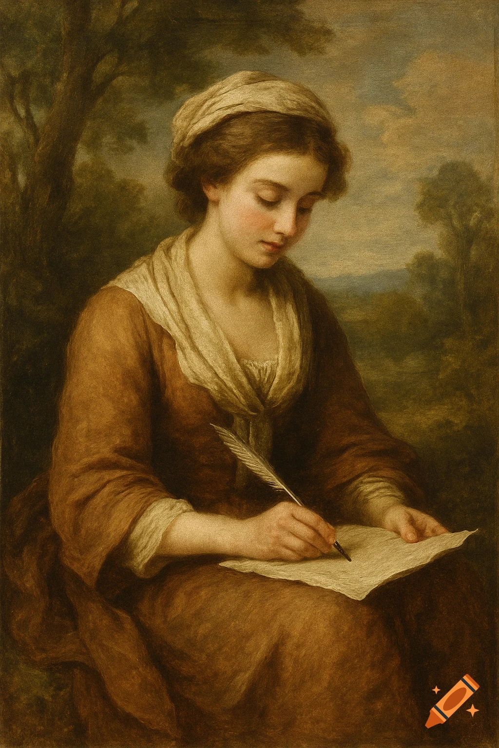 Vintage painting of a woman in 18th-century clothes writing with a ...