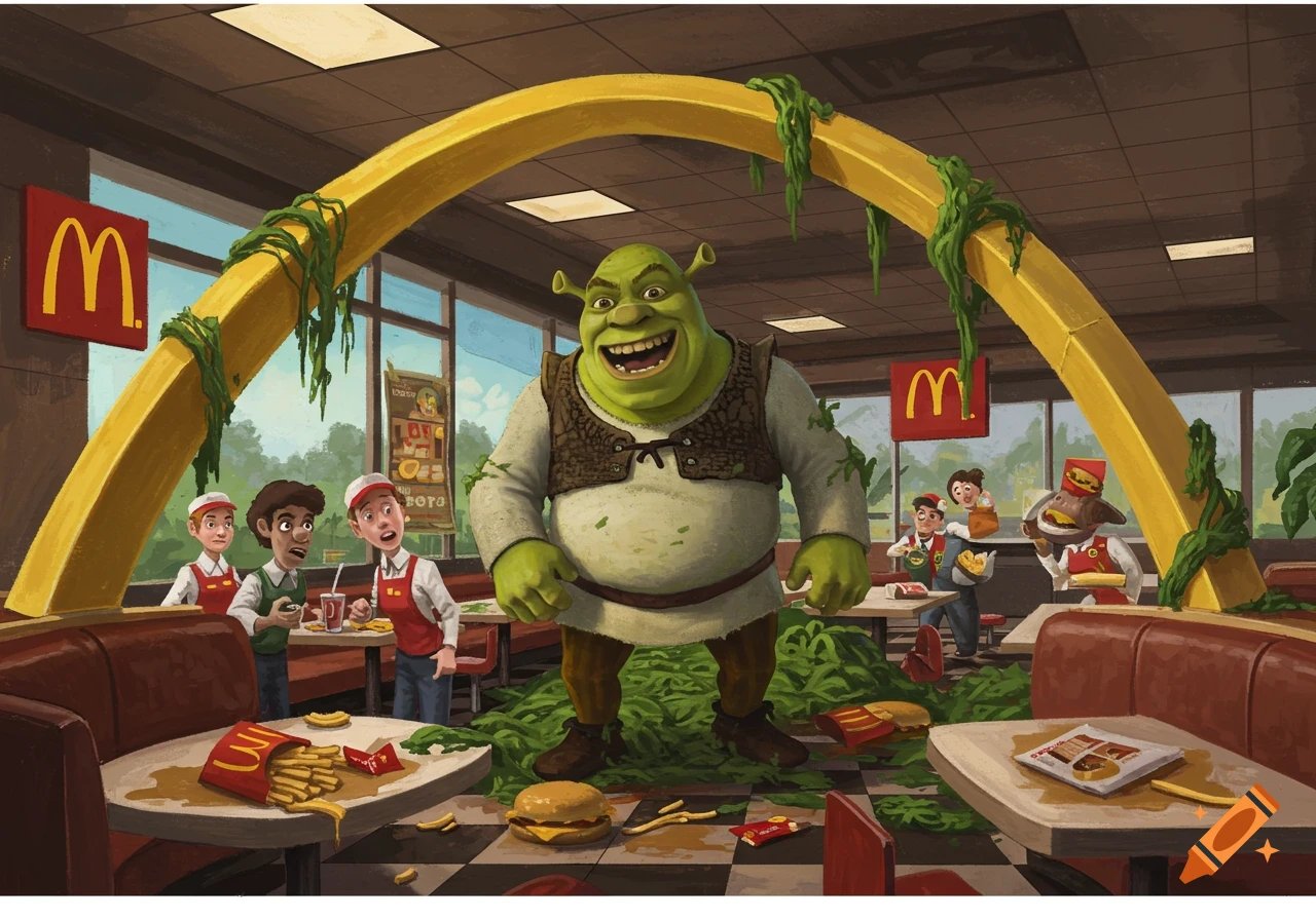 Illustrative image of Shrek standing in a messy McDonald's restaurant ...