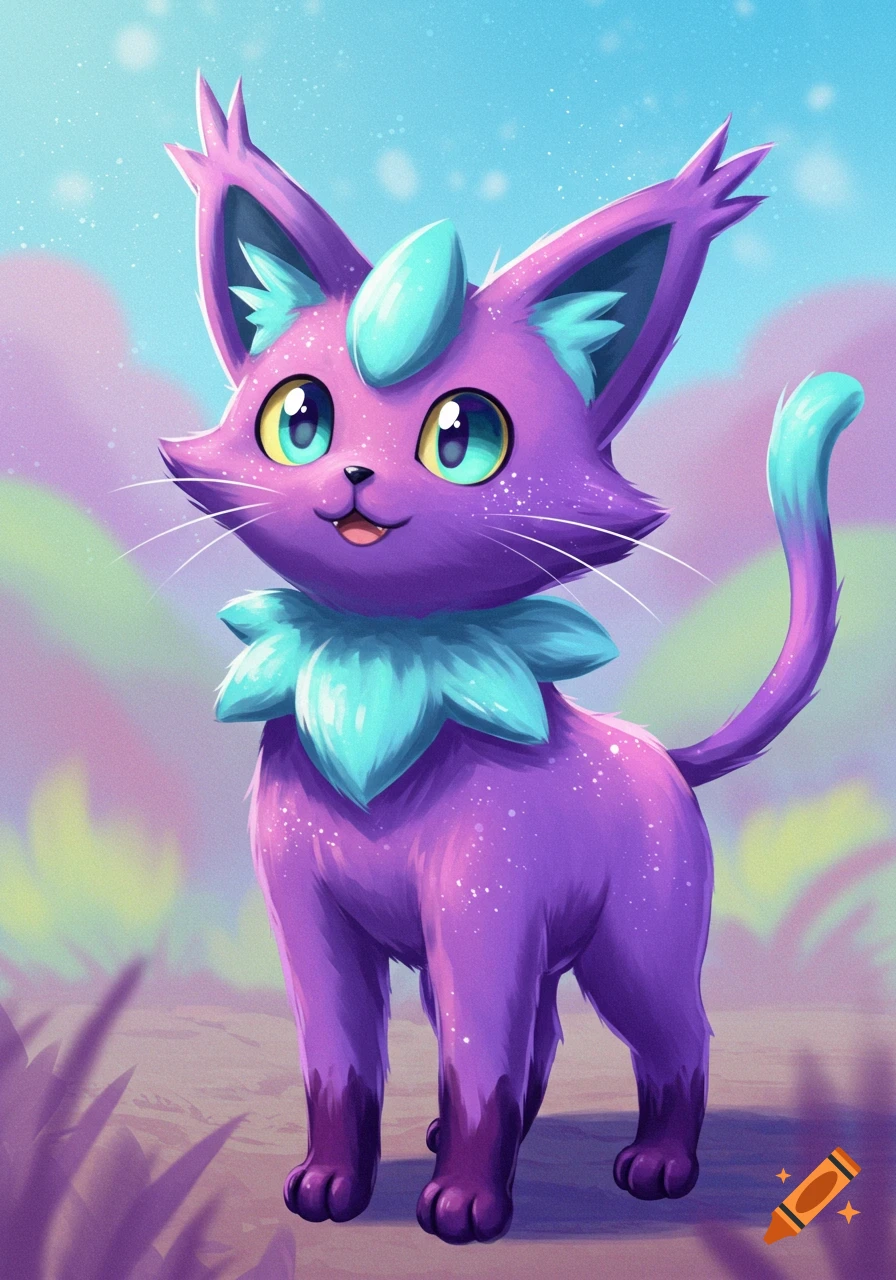 A cute purple and cyan cat in a Pokemon-style illustration. on Craiyon