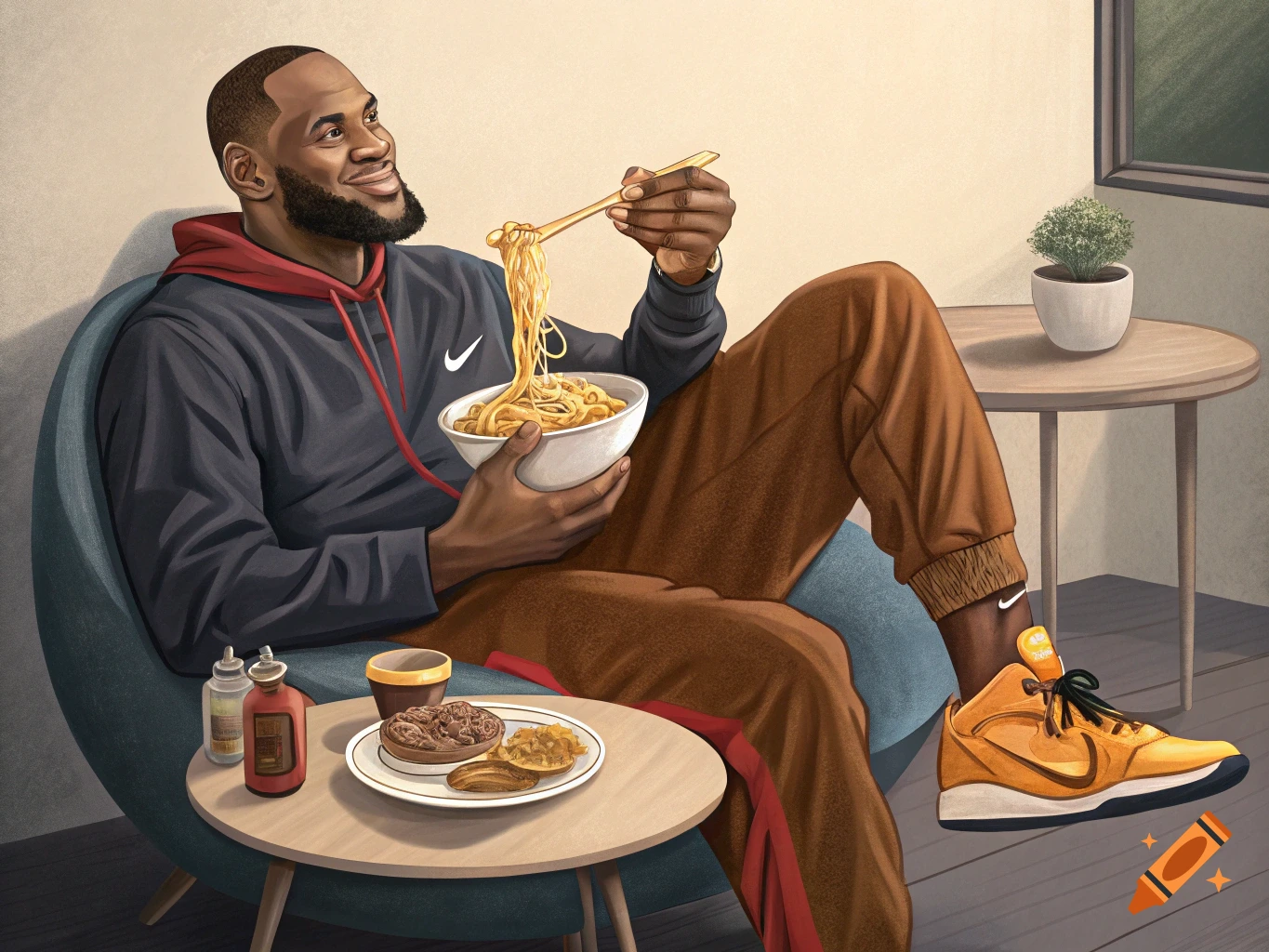 Illustration of Lebron James sitting and eating noodles with chopsticks ...