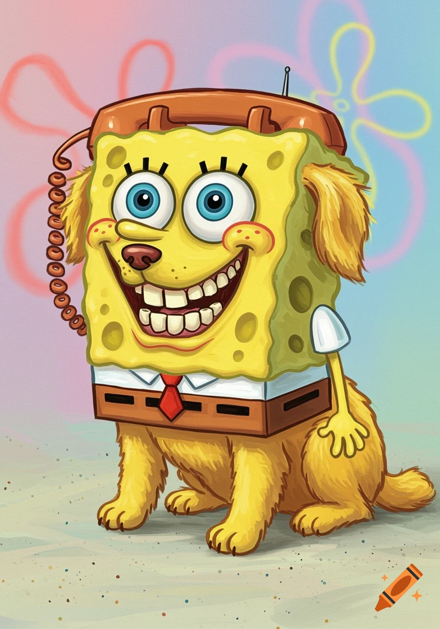 Cartoon image of a dog creature with Spongebob's body and face, wearing ...
