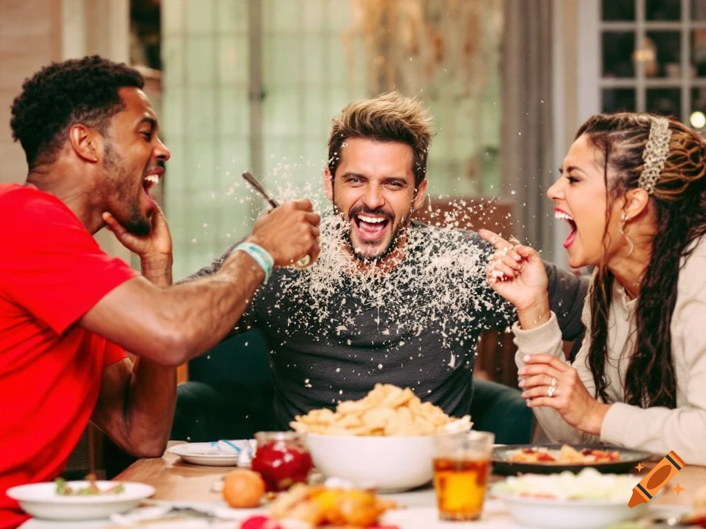 Three people laugh wildly as one throws food across the table in a ...
