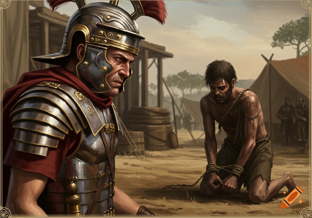 A Roman soldier in armor looks at a kneeling prisoner with hands bound ...